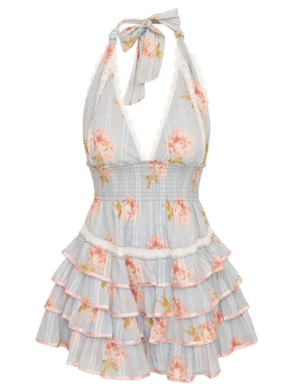 LoveShackFancy Kerch Cotton Peony Print Mini Dress - Rustic Sky