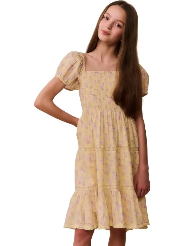 LoveShackFancy Tween Muriella Blooming Floral Dress - Lemon Spritz