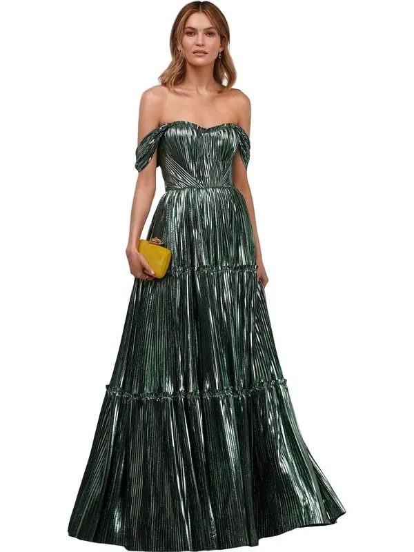 MILLA Plisse Maxi Evening Gown With Corset Bodice - Emerald Green