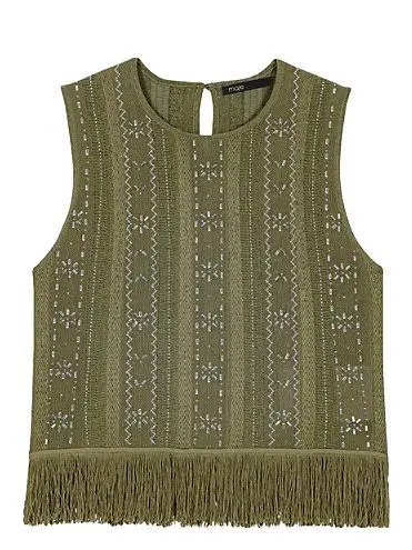 Maje Fringed Rhinestone-embellished Woven Top - Khaki