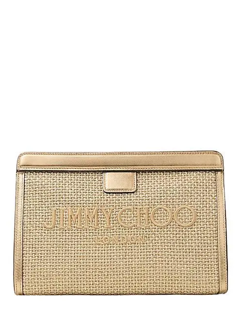 JIMMY CHOO Avenue Embroidered Raffia And Leather Pouch - Gold/dark Cappuccino