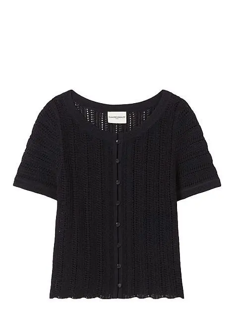 Claudie Pierlot Short-sleeve Button-front Crochet Top - Navy