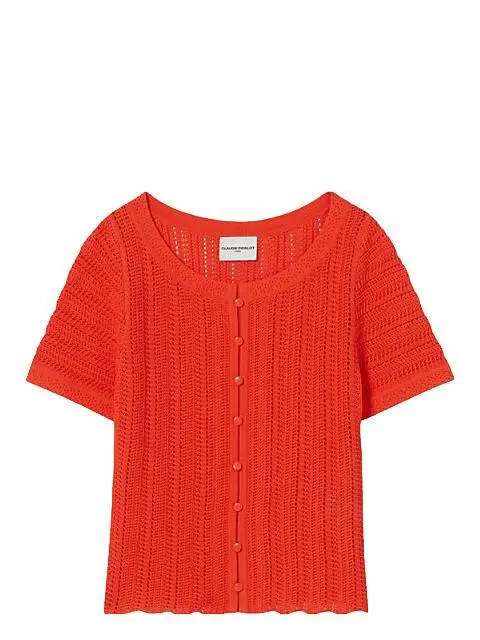 Claudie Pierlot Short-sleeved Button-front Crochet Top - Orange