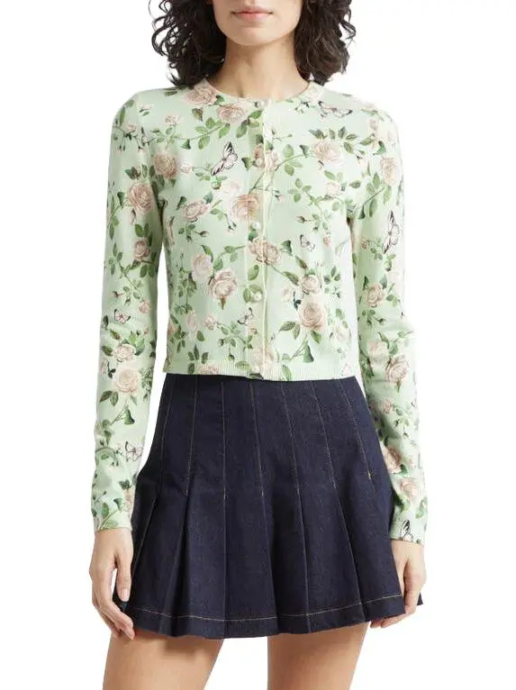 Alice + Olivia Carson Floral Cotton Blend Cardigan - Garden Gossip Light Sage