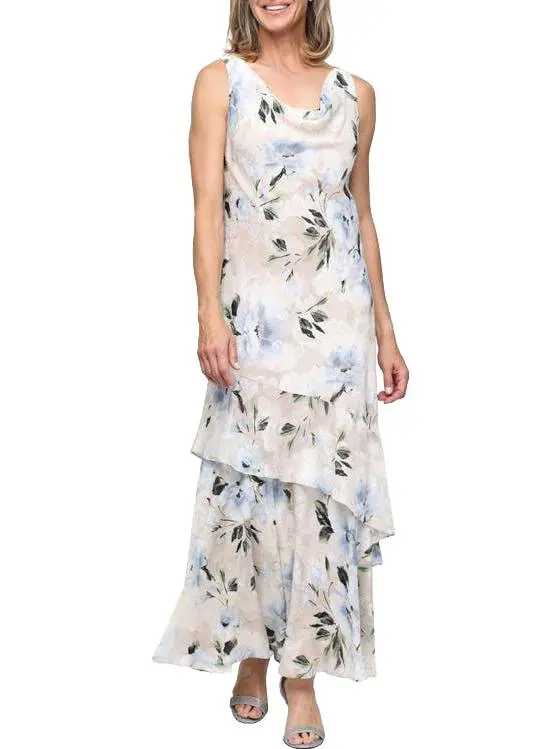Alex Evenings Floral Print Chiffon Cocktail Dress - Taupe Multi