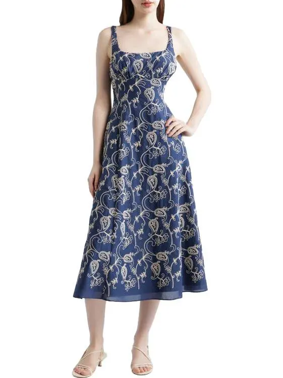 Julia Jordan Embroidered Cotton Fit & Flare Midi Dress - Navy Multi