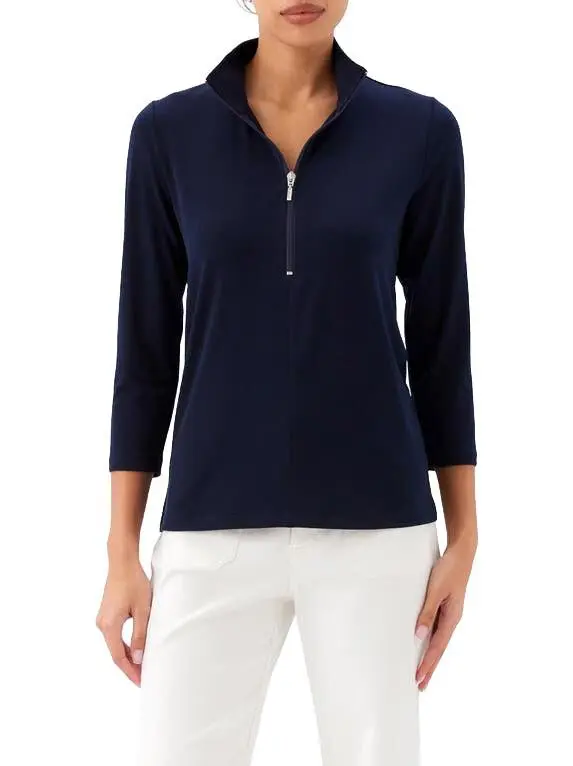 Karen Kane Quarter Zip Travel Jersey Pullover - Navy