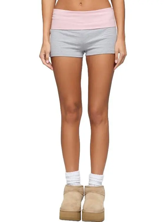 EDIKTED Contrast Foldover Waistband Shorts - Gray-melange-and-light-pink