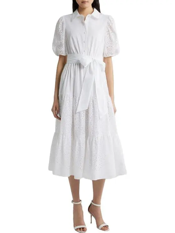 Anne Klein Eyelet Tie Waist Puff Sleeve Midi Dress - Crisp White