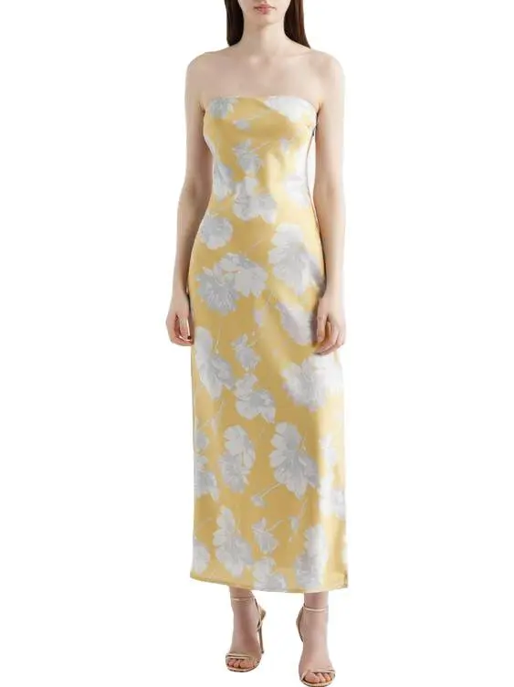 Lulus Strapless Satin Cocktail Dress - Gold Floral