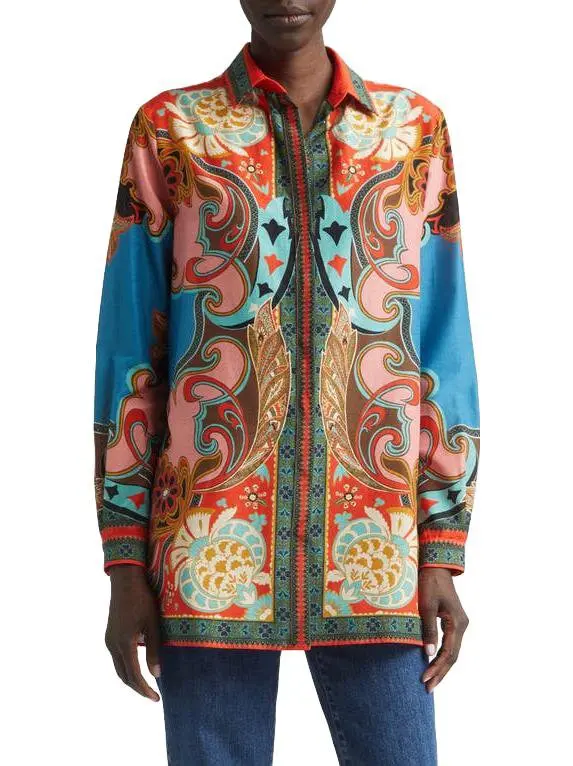 Etro Printed Cotton & Silk Tunic Shirt - Print On Blue Base