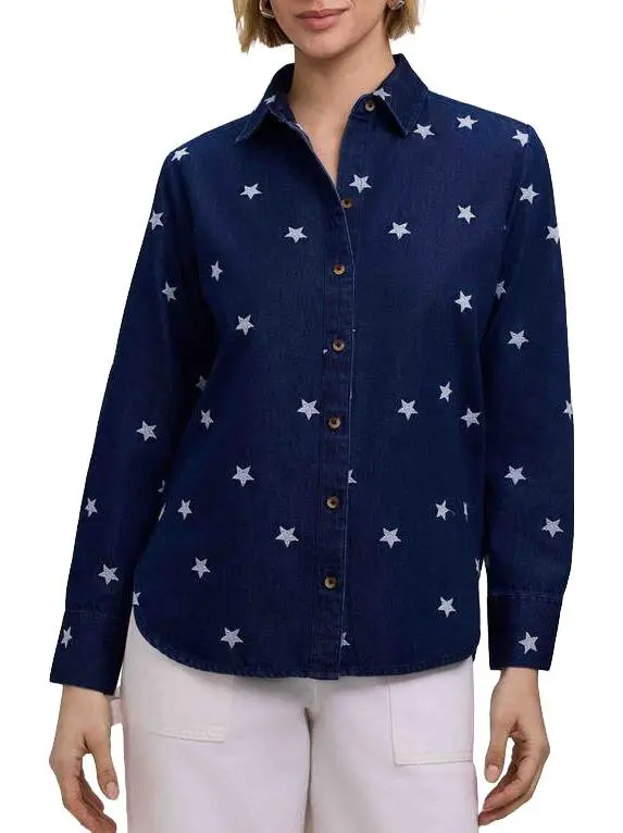 Foxcroft Embroidered Denim Button-up Shirt - Navy Blue/multi