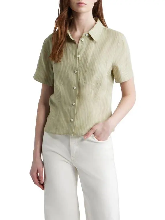 FRAME The Seaside Pinstripe Linen Button-up Top - Sage Multi