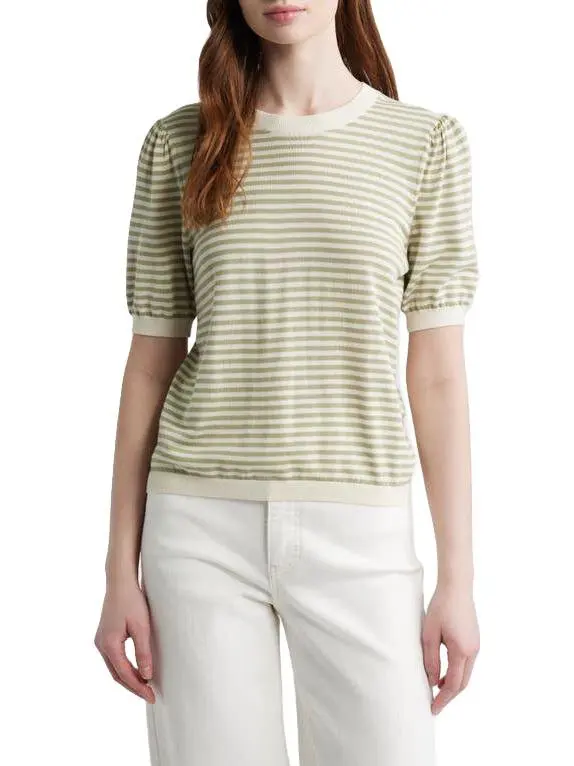 FRAME The Stripe Gather Crop Cotton & Modal Sweater - Sage Multi