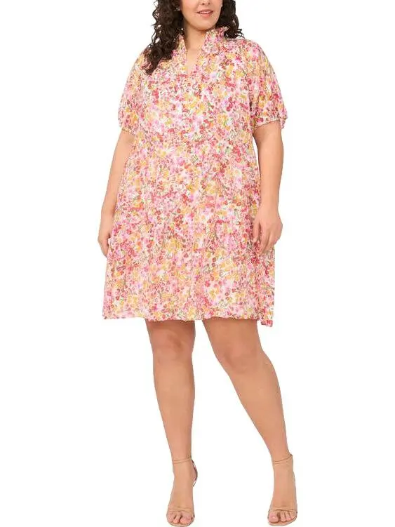 CECE DUPRAZ Floral Tiered Ruffle Neck Cotton Dress - New Ivory/pink Multi