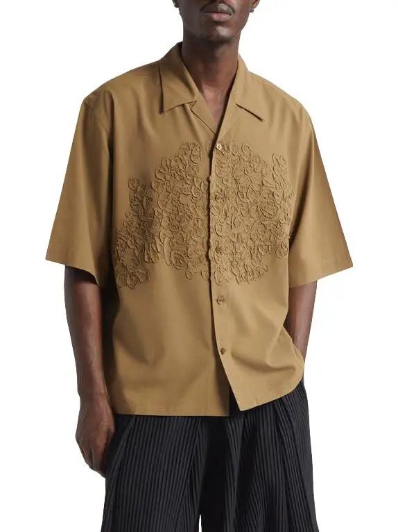 Issey Miyake Pressed Embroidery Camp Shirt - Khaki