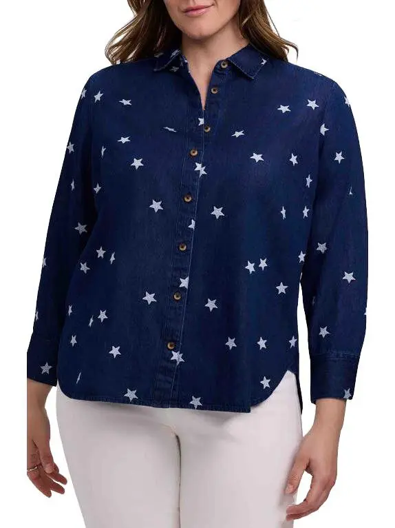 Foxcroft Star Embroidered Denim Button-up Shirt - Navy Blue/multi