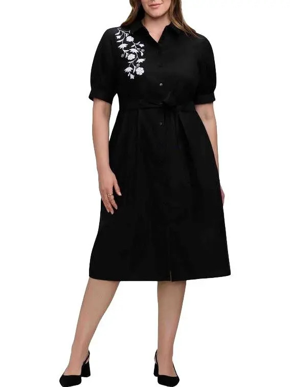 Foxcroft Esther Belted Floral Embroidered Cotton Blend Shirtdress - Black/white