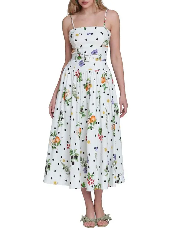 Avec Les Filles Fruit Florals & Polka Dot Belted Midi Dress - White Scattered Bota