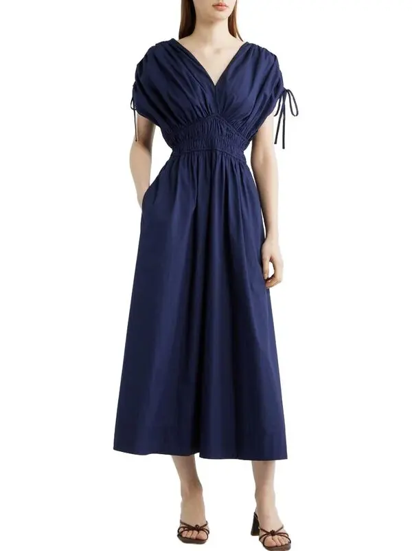 Vince Camuto Cotton Poplin Ruched Tie Shoulder Dress - Navy