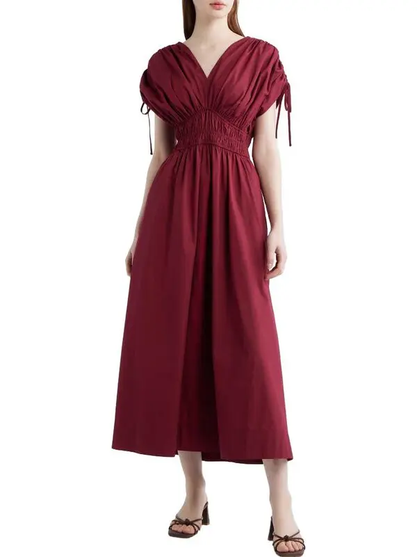 Vince Camuto Cotton Poplin Ruched Tie Shoulder Dress - Wine