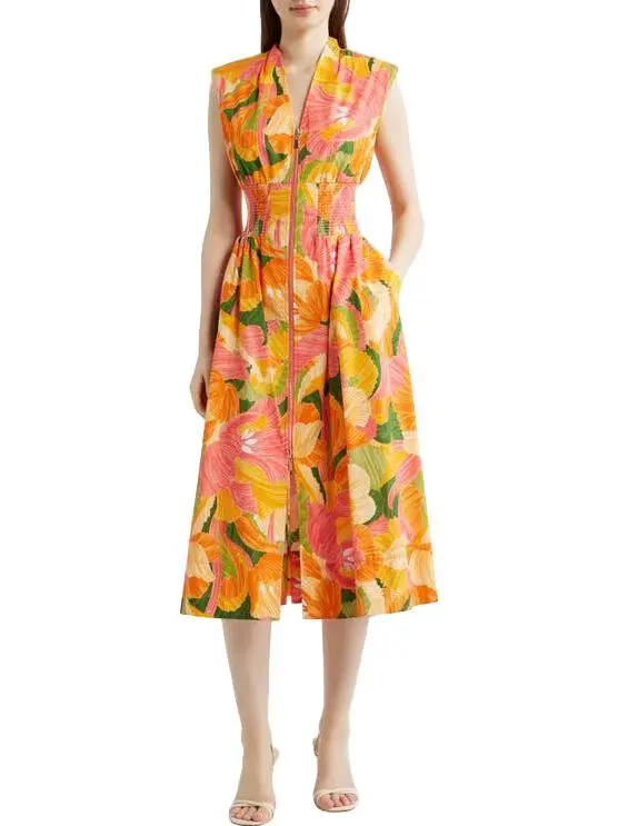Vince Camuto Abstract Floral Cotton Midi Dress - Orange/pink Multi