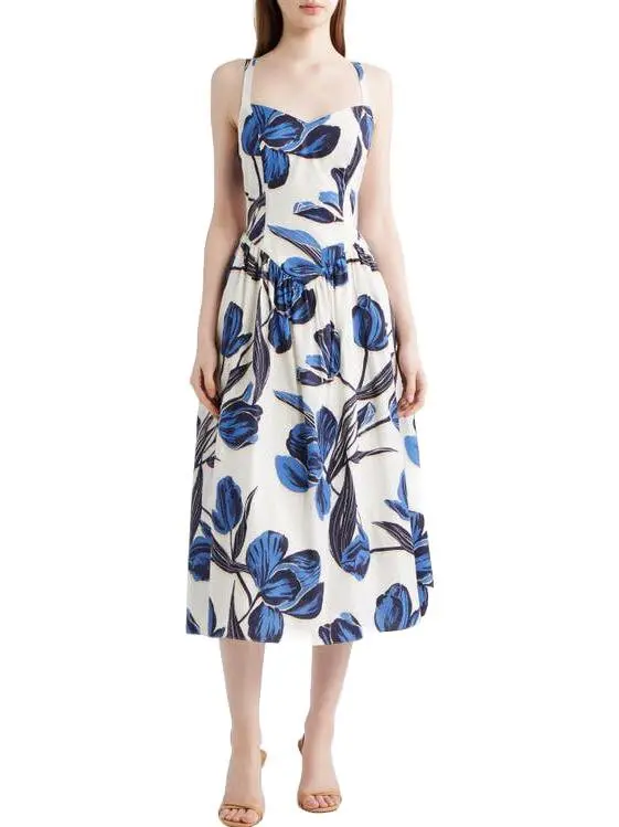 Vince Camuto Floral Cotton Fit & Flare Midi Dress - Blue Multi