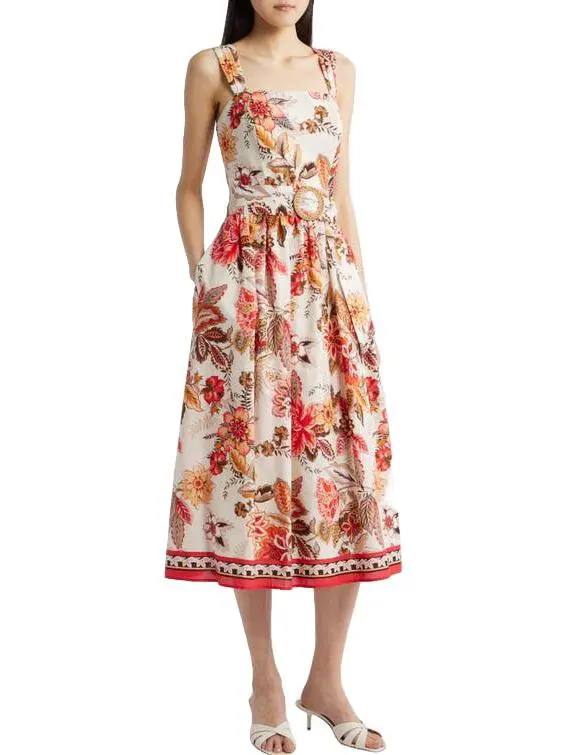 Eliza J Floral Print Midi Sundress - Almond Khaki/red
