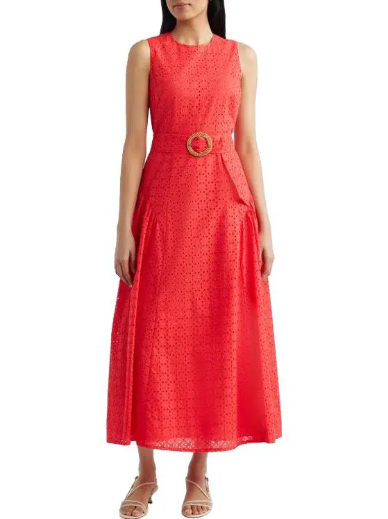 Eliza J Eyelet Belted Sleeveless Maxi Dress - Coral