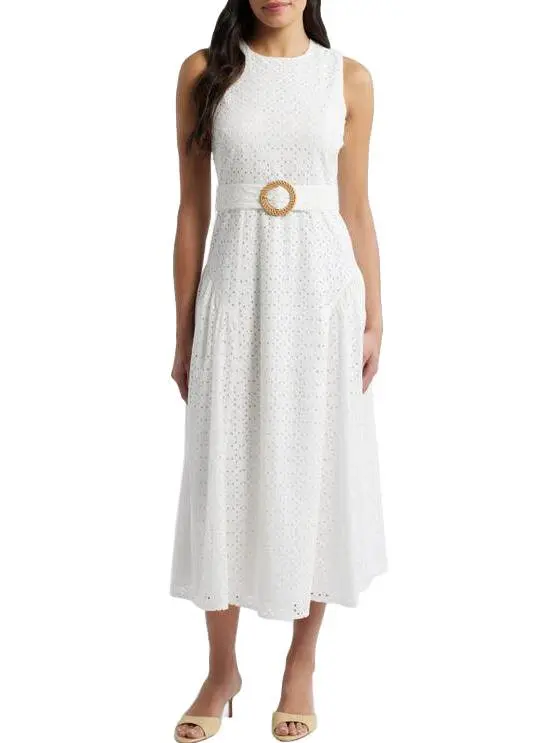 Eliza J Eyelet Belted Sleeveless Maxi Dress - Ivory