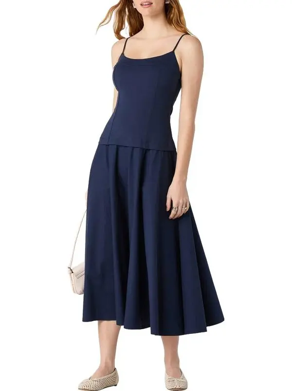 Astr The Label Cierra Mixed Media Fit & Flare Midi Dress - Navy