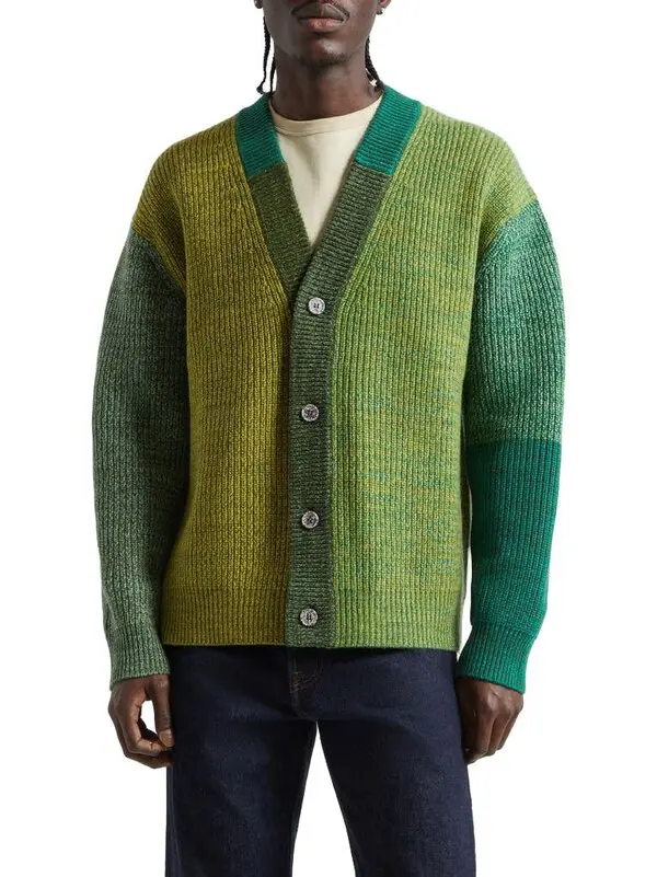 WASTE YARN PROJECT Patti Colorblock Mélange Cardigan - Tonal Green