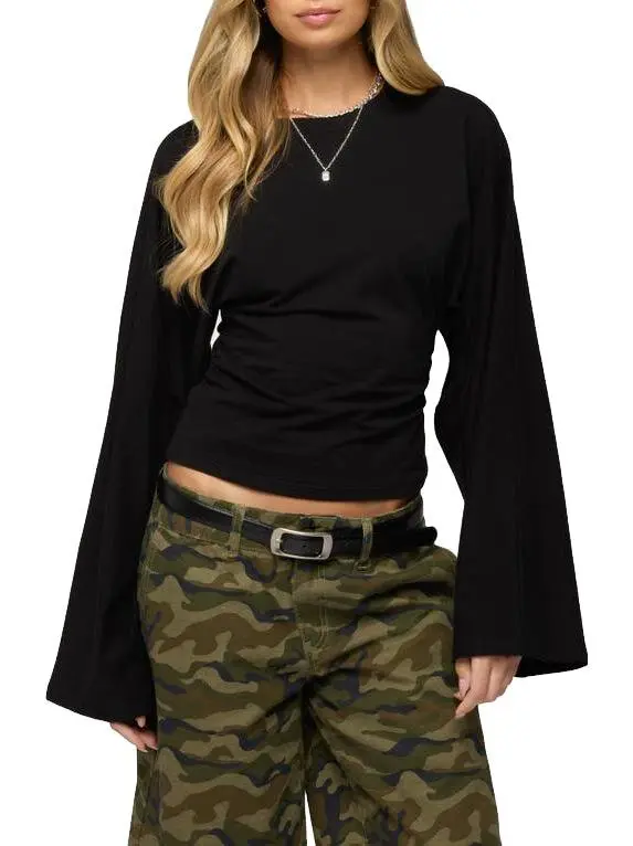 EDIKTED Charlisa Ruched Long Sleeve Crop Top - Black