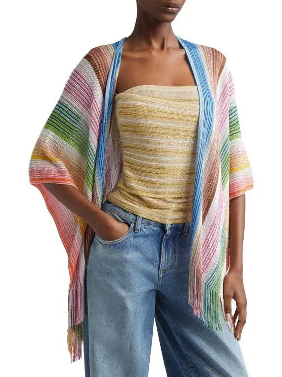 Missoni Stripe Fringe Trim Cape - 0001 White Multi