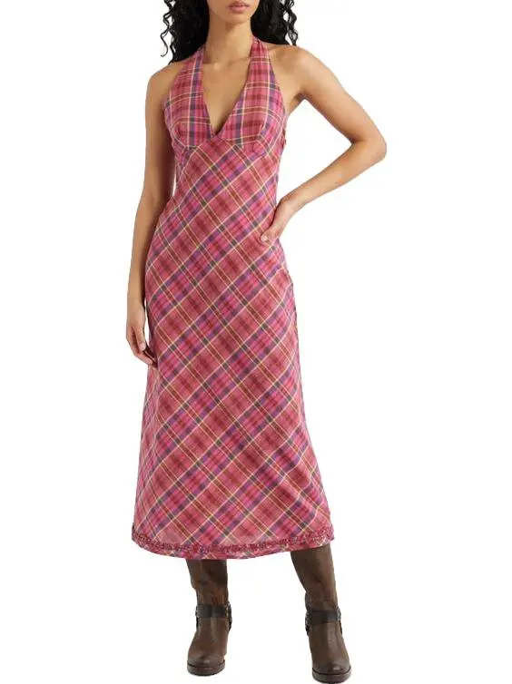 BDG URBAN OUTFITTERS Rita Plaid Halter Midi Dress - Red Check