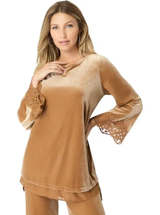 ROAMAN'S Lace-trimmed Velour Tunic - Almond Brown