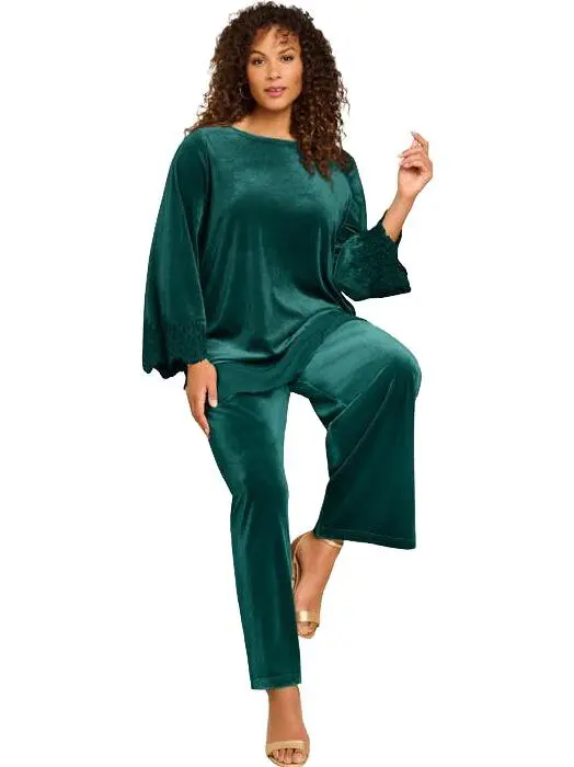 Roaman's Velour Tunic With Lace Trim And Bell Sleeves - Emerald Green