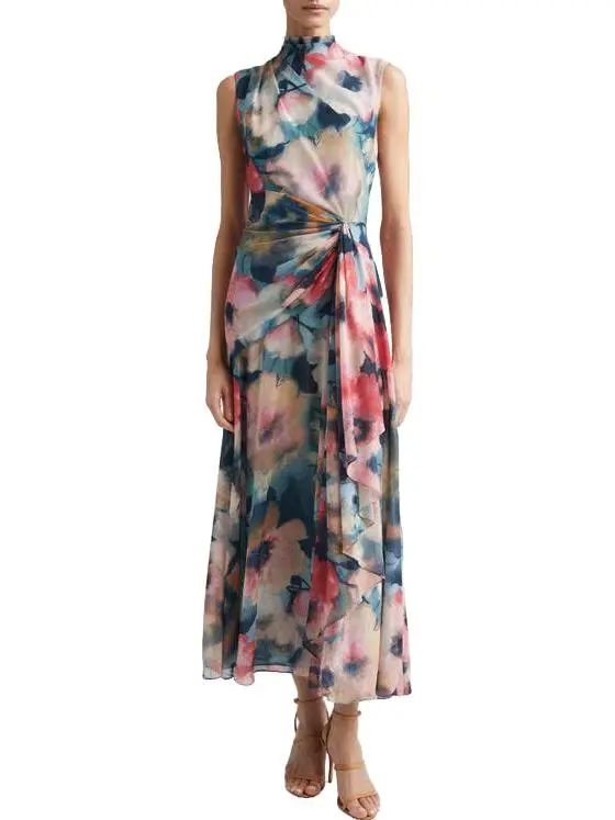 Lela Rose Abstract Floral Draped Chiffon A-line Midi Dress - Mist Multi