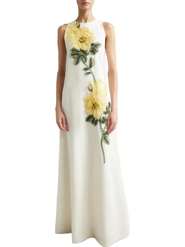 Lela Rose Peony Embroidered Appliqué Column Gown - Cream/yellow