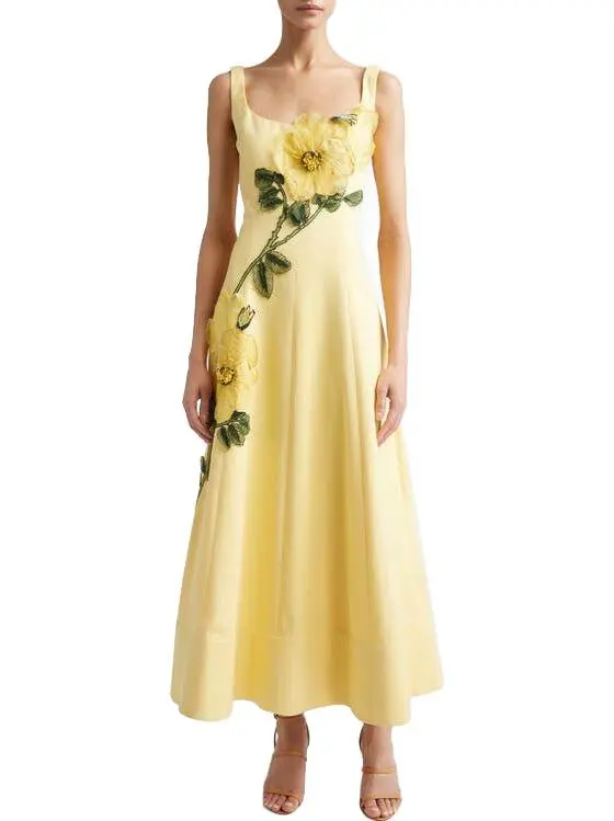 Lela Rose Peony Embroidered Appliqué Sateen Dress - Butter/yellow