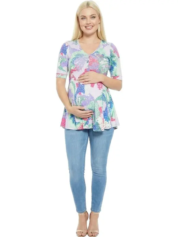 24SEVEN COMFORT APPAREL Maternity Abstract Print Henley Tunic Top - Lilac Multi