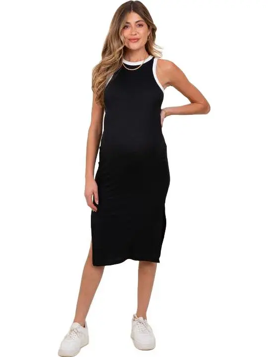 PINKBLUSH High Neck Ribbed Sleeveless Midi Dress - Black