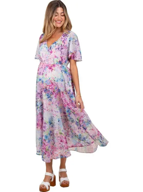 PINKBLUSH Floral Flutter Sleeve Maternity Midi Dress - Light Pink
