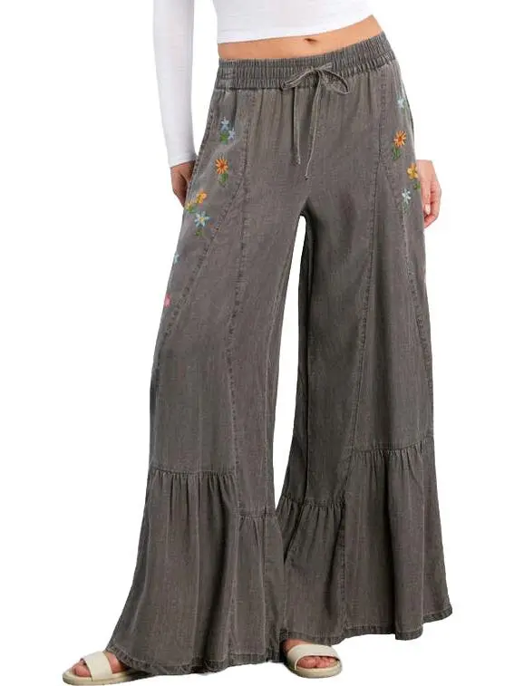 BILLY T Embroidered Butterfly Drawstring Wide Leg Jeans - Grey Bloom