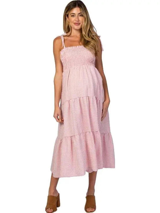 PINKBLUSH Checkered Tiered Maternity Midi Dress - Pink