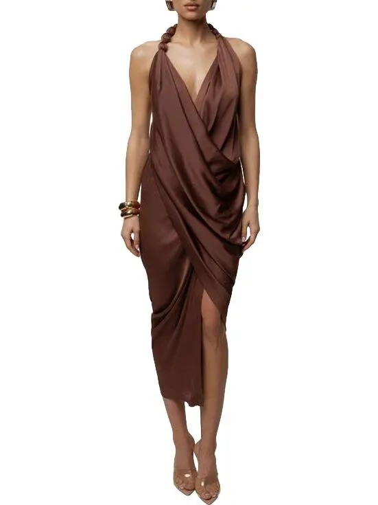 JLUXLABEL Dolce Draped Halterneck Midi Dress - Brown