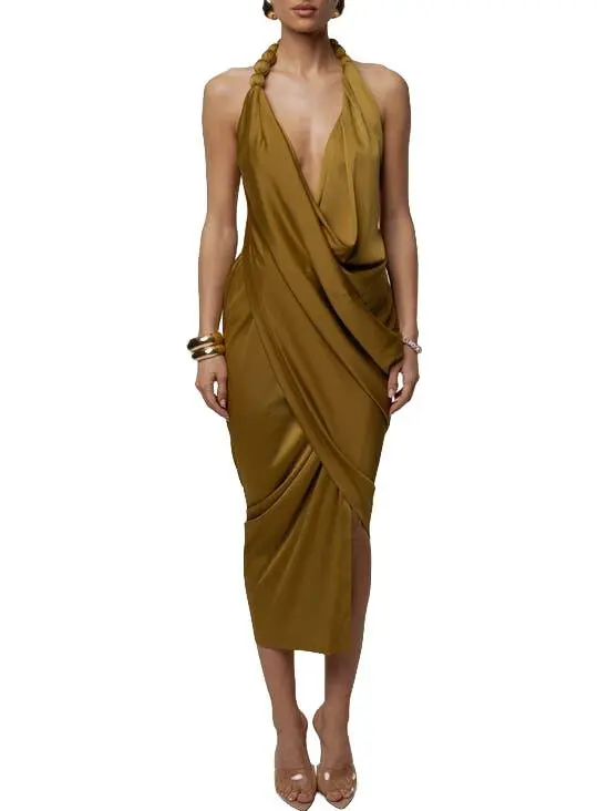 JLUXLABEL Dolce Draped Halterneck Midi Dress - Lime