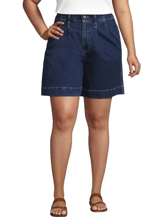 LANDS' END High-rise Pleated Denim Trouser Shorts - Crawford Wash