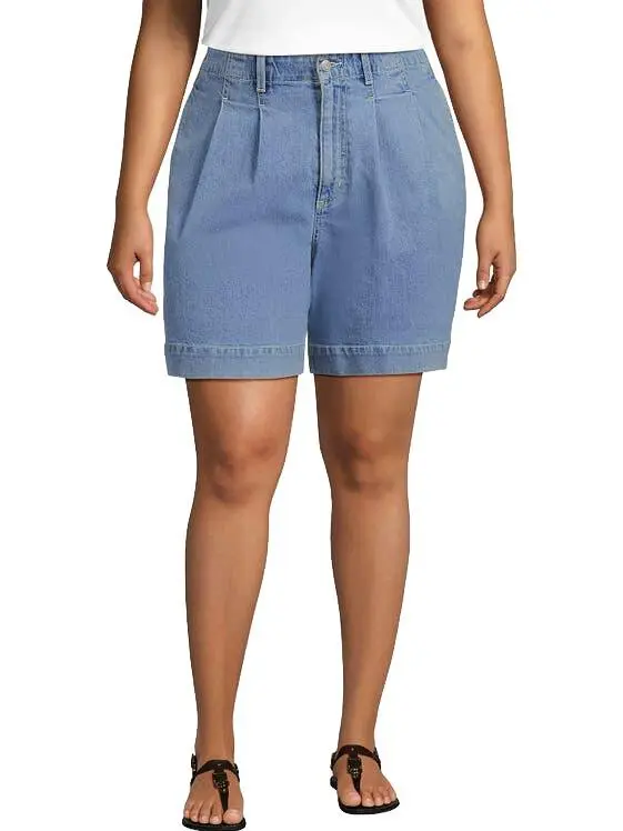 LANDS' END High-rise Pleated Denim Trouser Shorts - Hutton Blue Wash