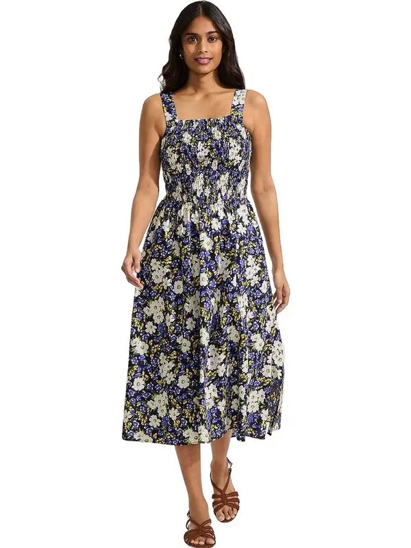 LANDS' END Poplin Smocked Bodice Midi Dress - Deep Sea Spring Floral